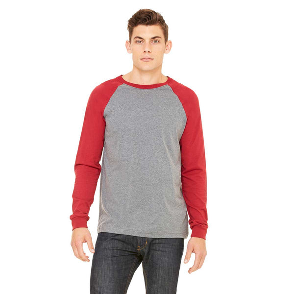 Bella + Canvas Men's Deep Heather/Cardinal Jersey Long-Sleeve Baseball