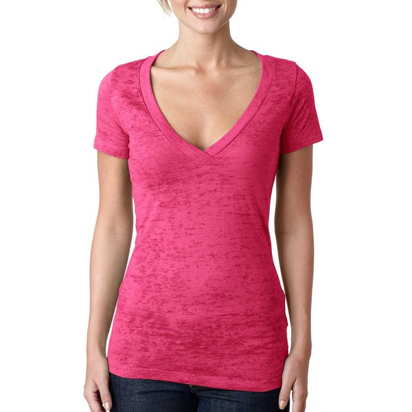Next Level Women's Shocking Pink Burnout Deep V Tee