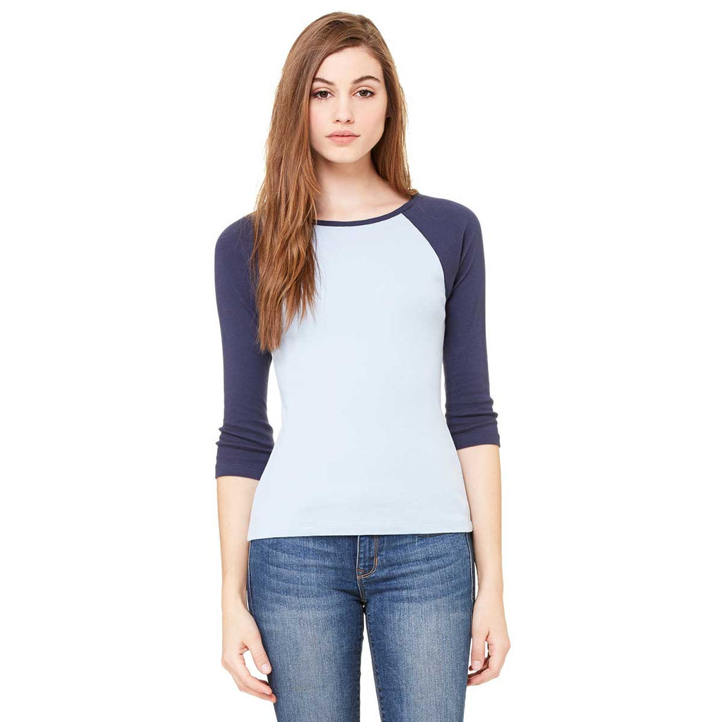 Bella + Canvas Women's Baby Blue/Navy Stretch Rib 3/4-Sleeve Contrast