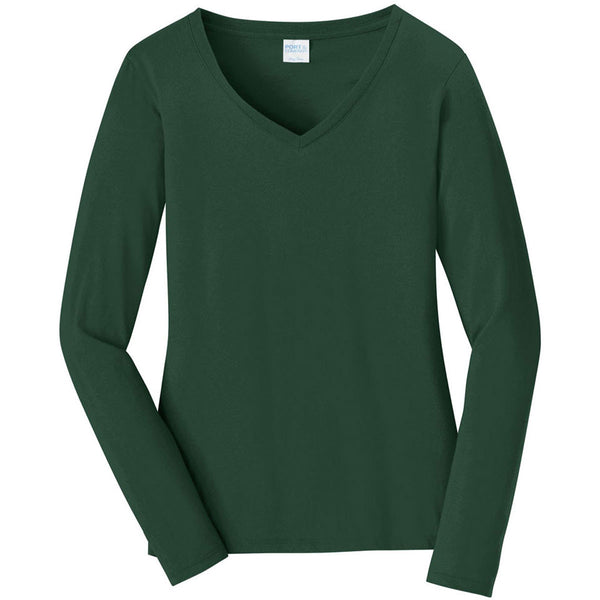 Port & Company Women's Forest Green Long Sleeve Fan Favorite V-Neck Te